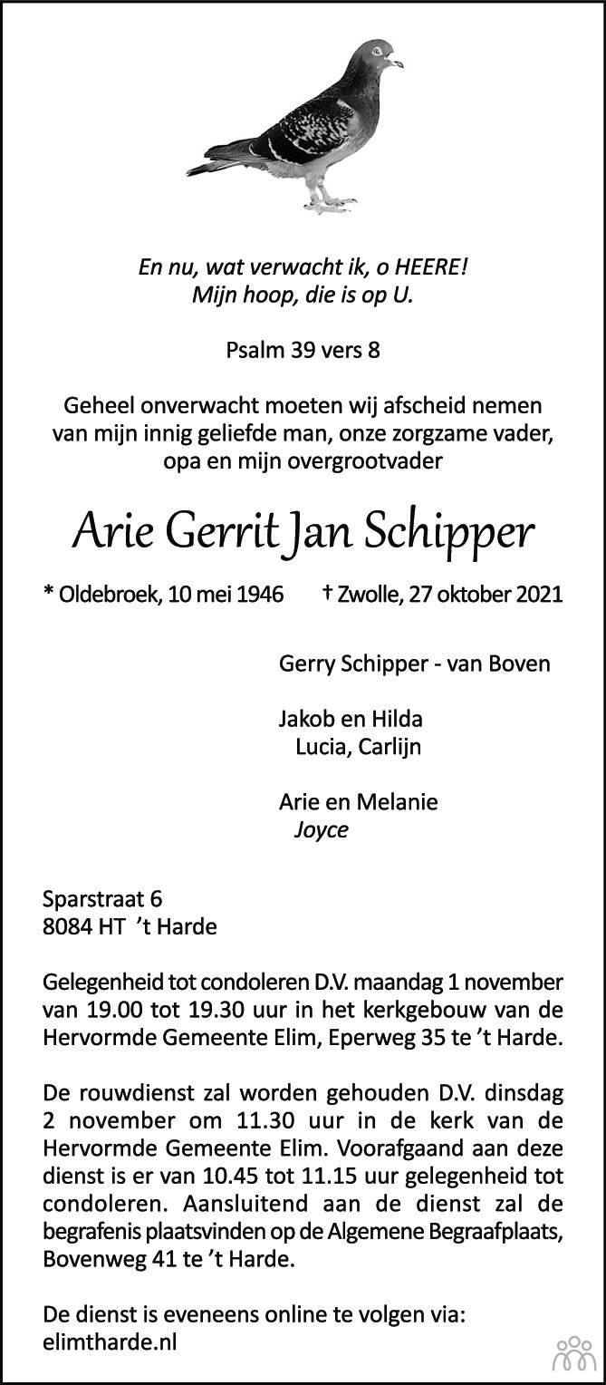 Arie Gerrit Jan Schipper 27-10-2021 overlijdensbericht en condoleances ...