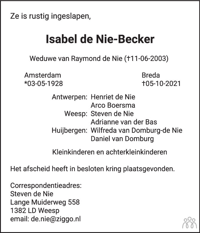 Isabel de Nie-Becker 05-10-2021 overlijdensbericht en condoleances ...