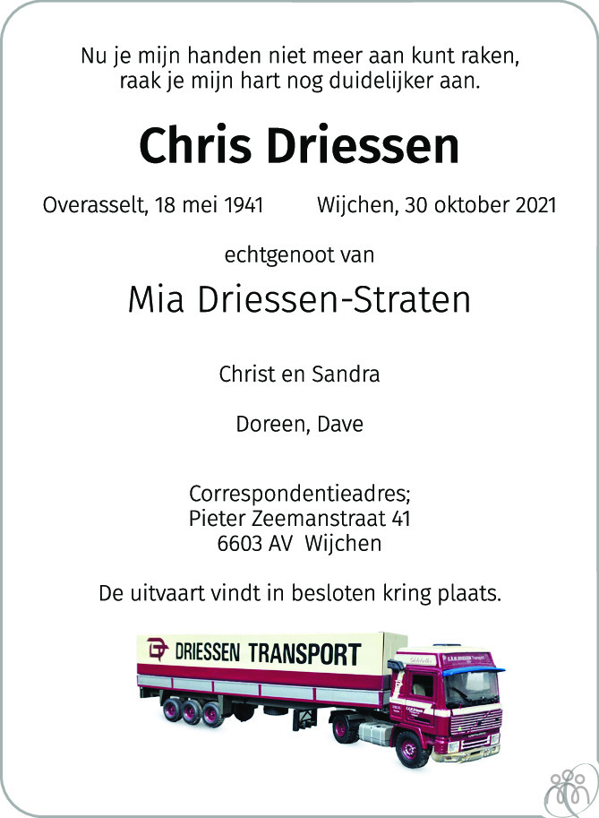 Chris Driessen 30-10-2021 overlijdensbericht en condoleances ...