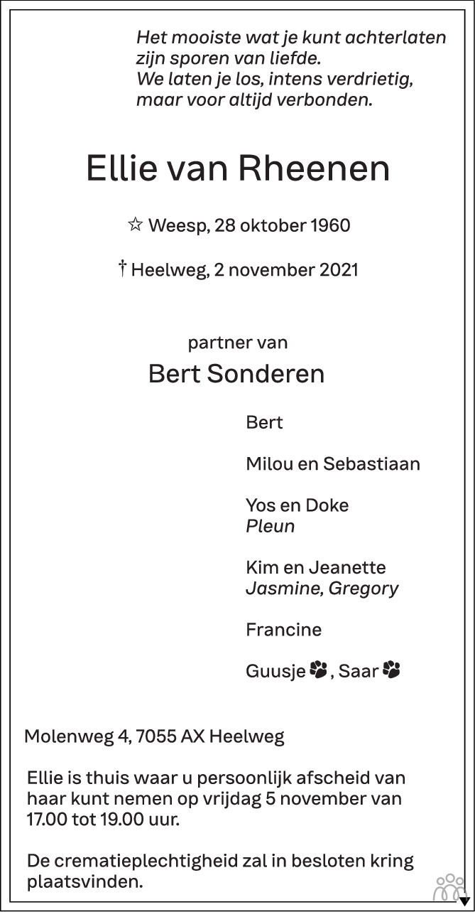 Ellie van Rheenen 02-11-2021 overlijdensbericht en condoleances ...