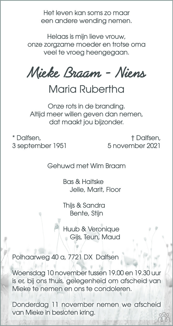 Mieke (Maria Rubertha) Braam-Niens 05-11-2021 overlijdensbericht en ...