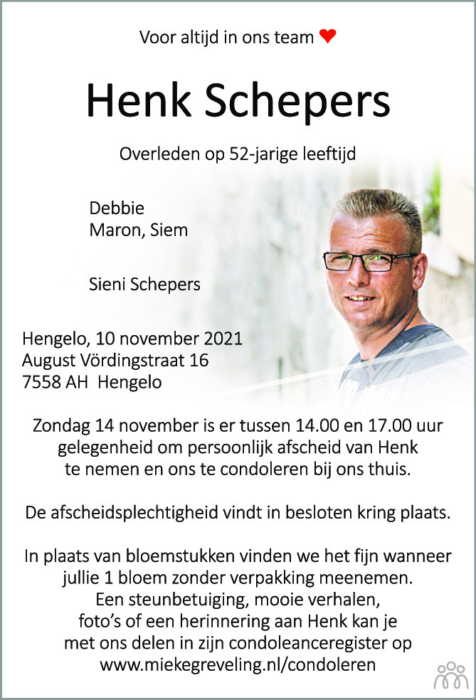 Henk Schepers 10-11-2021 overlijdensbericht en condoleances - Mensenlinq.nl