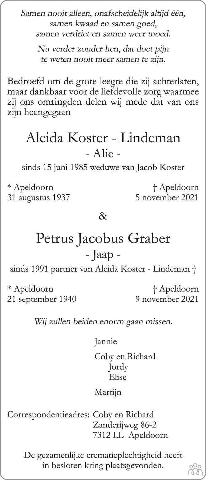 Aleida (Alie) en Petrus Jacobus (Jaap) Koster-Lindeman en Graber 09-11 ...