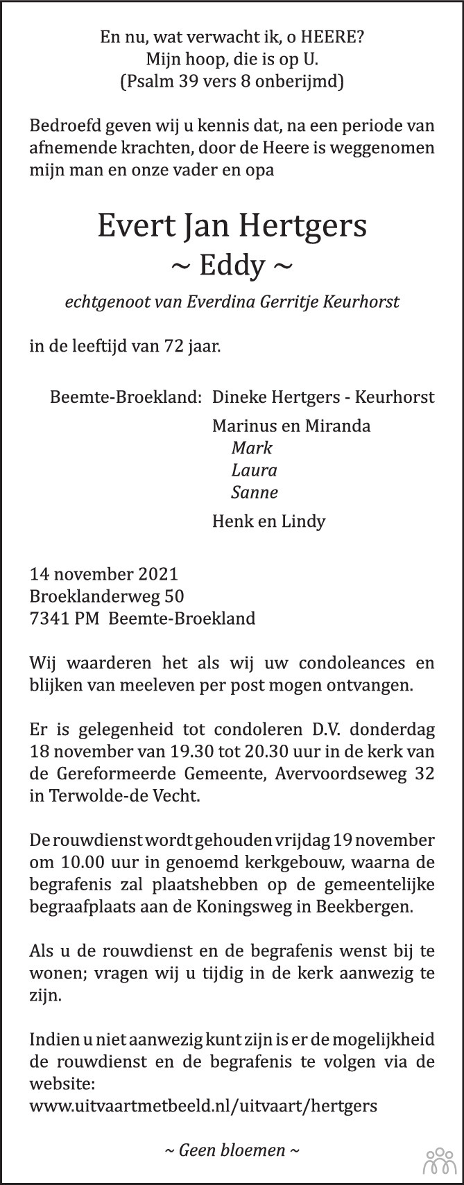 Evert Jan (Eddy) Hertgers 14-11-2021 overlijdensbericht en condoleances ...