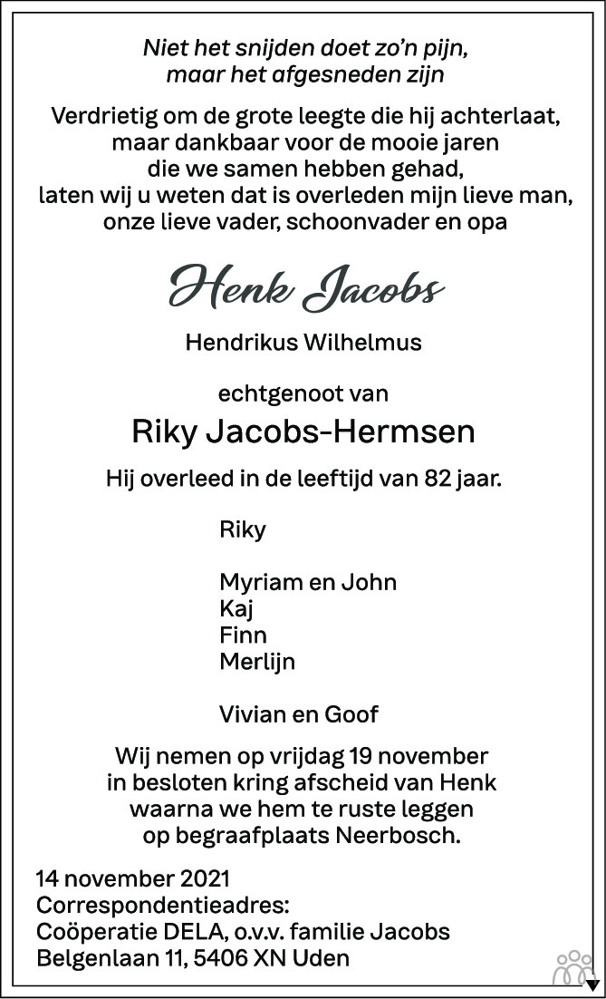 Henk (Hendrikus Wilhelmus) Jacobs 14-11-2021 overlijdensbericht en ...