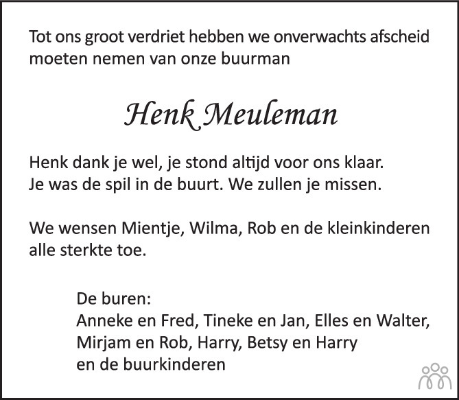 Hendrik Jan (Henk) Meuleman 16-11-2021 overlijdensbericht en ...