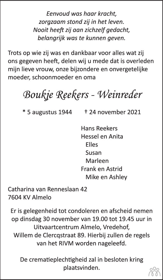 Boukje Reekers-Weinreder 24-11-2021 overlijdensbericht en condoleances ...