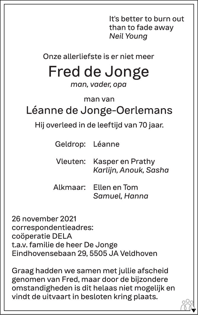 Fred de Jonge 26-11-2021 overlijdensbericht en condoleances - Mensenlinq.nl Fred de Jonge 26-11-2021 overlijdensbericht en condoleances - Mensenlinq.nl
