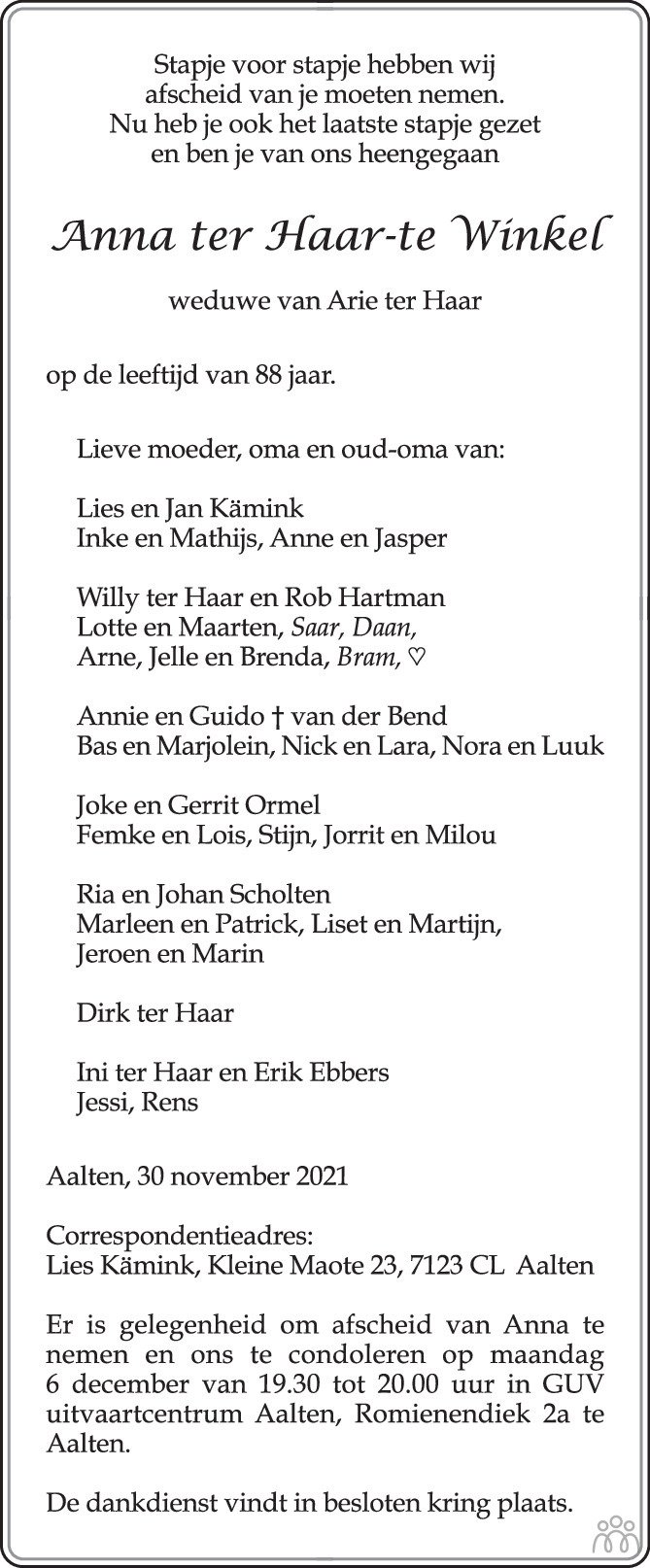 Anna ter Haar-te Winkel 30-11-2021 overlijdensbericht en condoleances ...