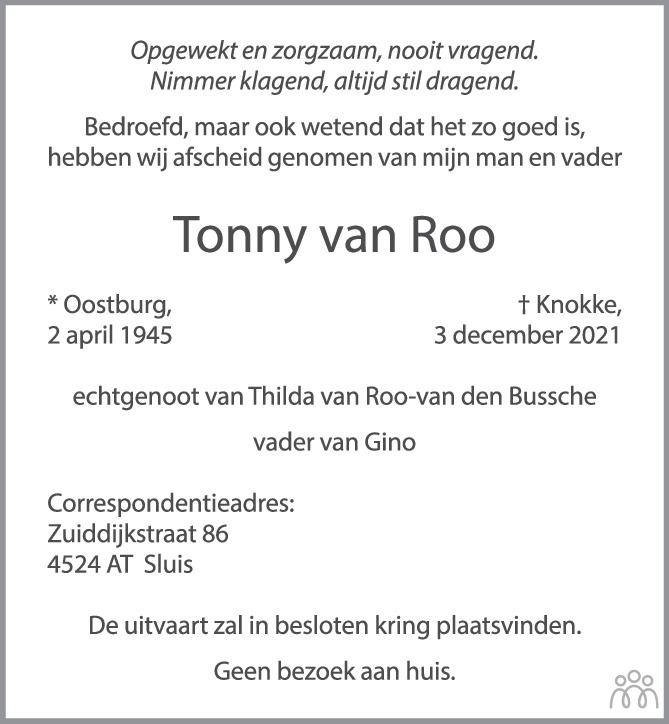 Tonny van Roo 03-12-2021 overlijdensbericht en condoleances - Mensenlinq.nl