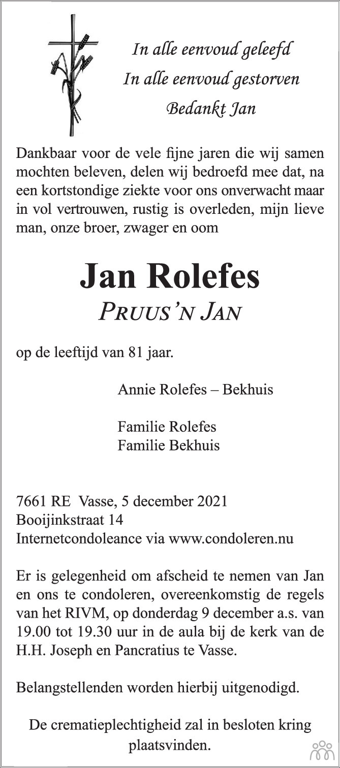 Jan Rolefes 05-12-2021 overlijdensbericht en condoleances - Mensenlinq.nl
