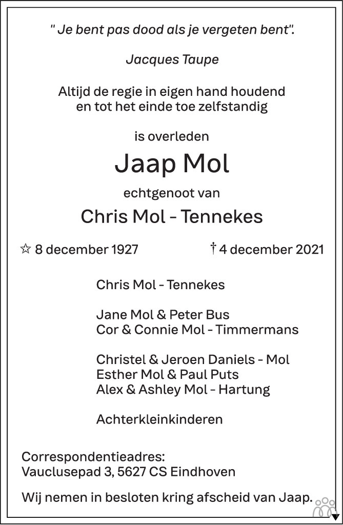 Jaap Mol 04-12-2021 overlijdensbericht en condoleances - Mensenlinq.nl