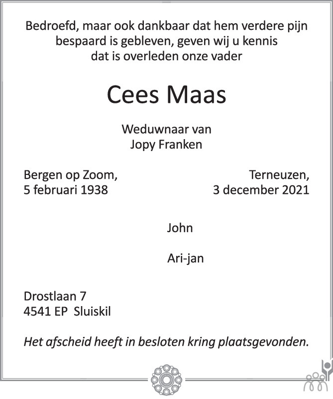 Cees Maas 03-12-2021 overlijdensbericht en condoleances - Mensenlinq.nl