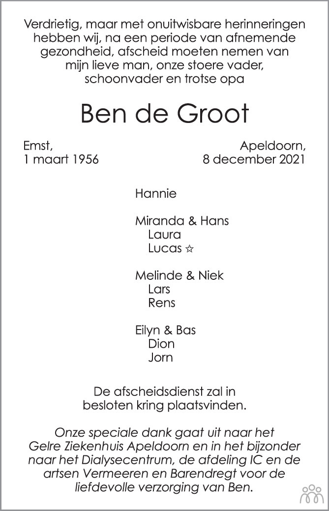 Ben de Groot 08-12-2021 overlijdensbericht en condoleances - Mensenlinq.nl