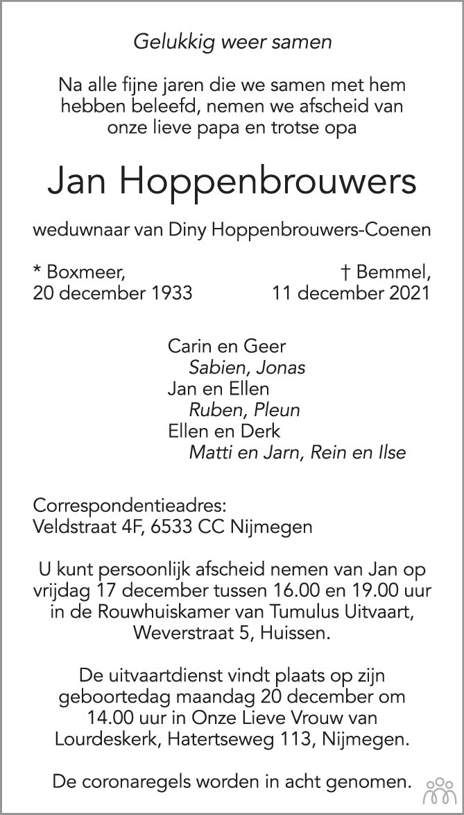 Jan Hoppenbrouwers 11-12-2021 overlijdensbericht en condoleances - Mensenlinq.nl