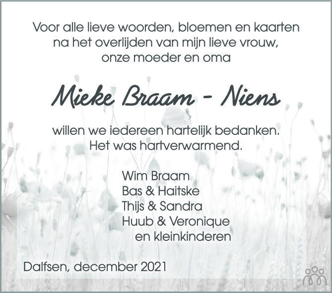 Mieke (Maria Rubertha) Braam-Niens 05-11-2021 overlijdensbericht en ...