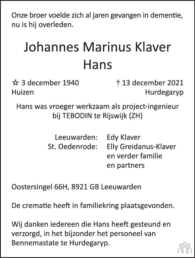 Johannes Marinus (Hans) Klaver 13-12-2021 overlijdensbericht en ...