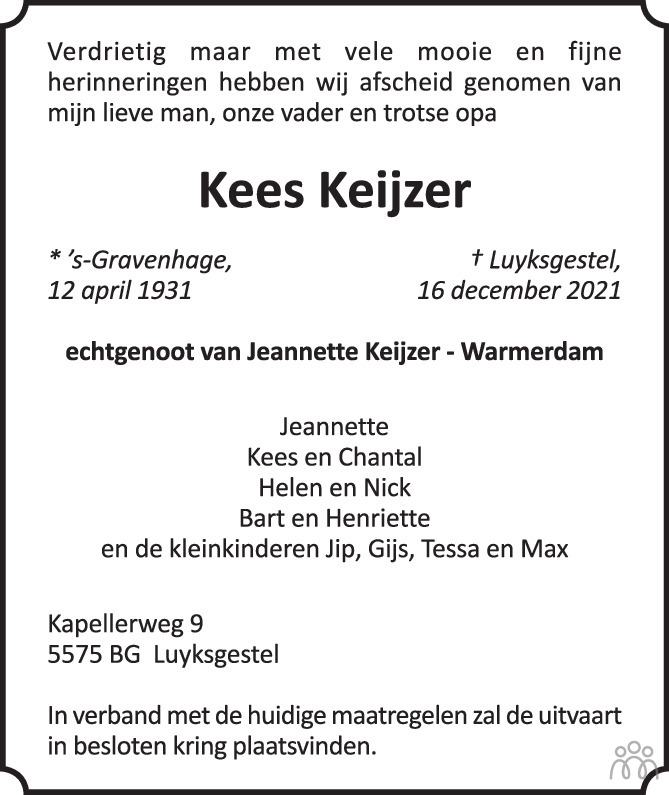 Kees Keijzer 16-12-2021 overlijdensbericht en condoleances - Mensenlinq.nl