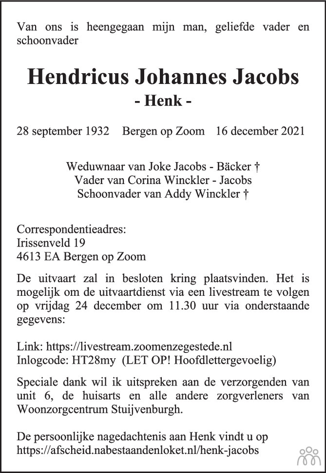 Hendricus Johannes (Henk) Jacobs 16-12-2021 overlijdensbericht en ...