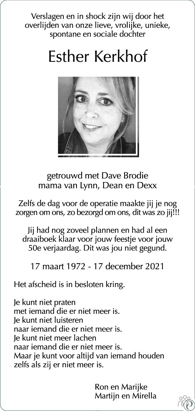 Esther Kerkhof 17-12-2021 overlijdensbericht en condoleances ...