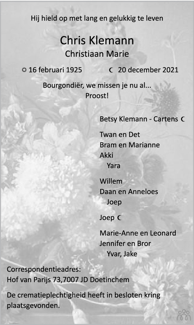 Chris (Christiaan Marie) Klemann 20-12-2021 overlijdensbericht en ...