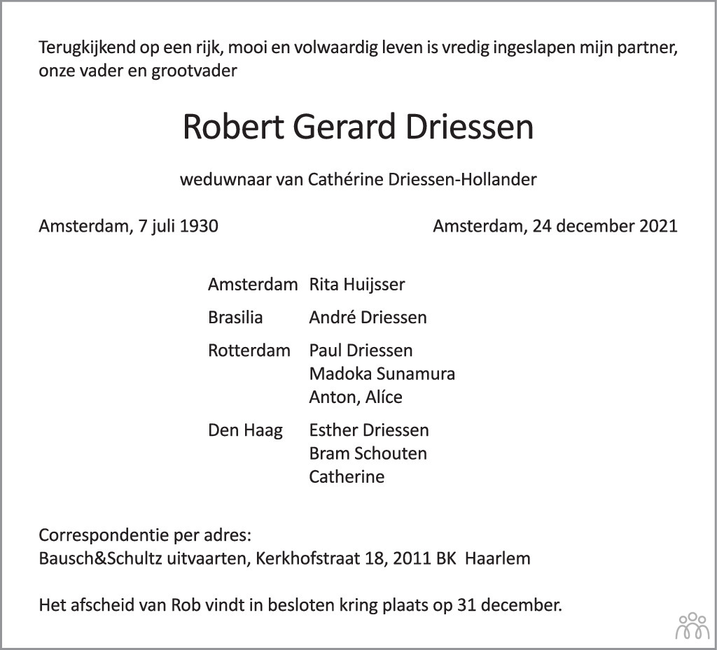 Robert Gerard Driessen 24-12-2021 overlijdensbericht en condoleances ...