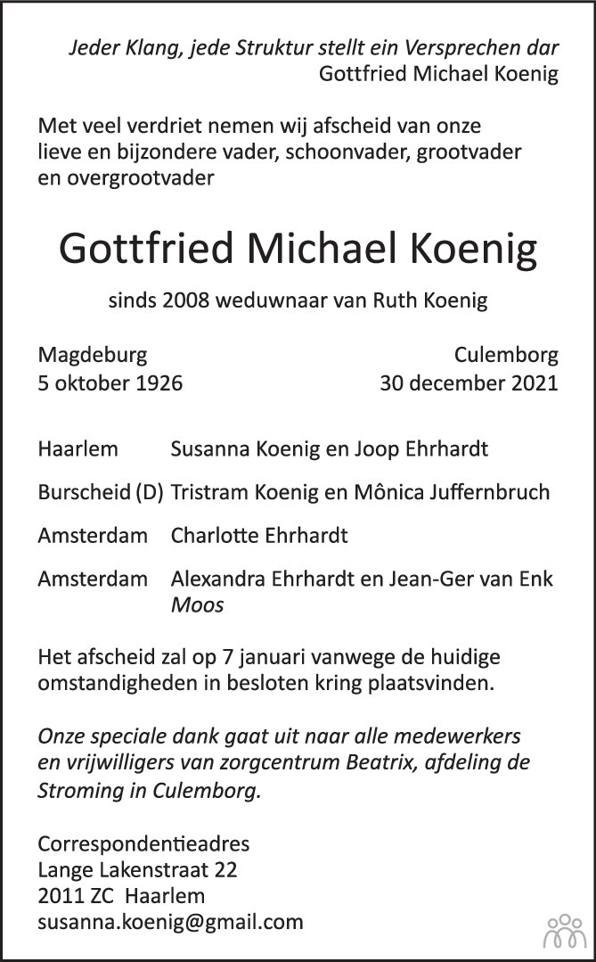 Gottfried Michael Koenig 30-12-2021 overlijdensbericht en condoleances - Mensenlinq.nl