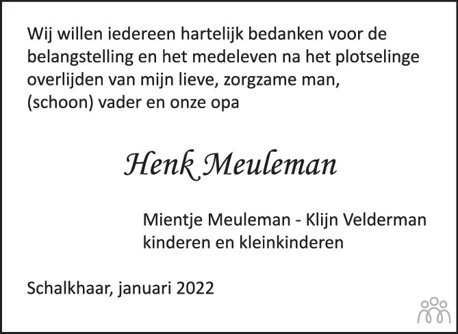 Hendrik Jan (Henk) Meuleman 16-11-2021 overlijdensbericht en ...