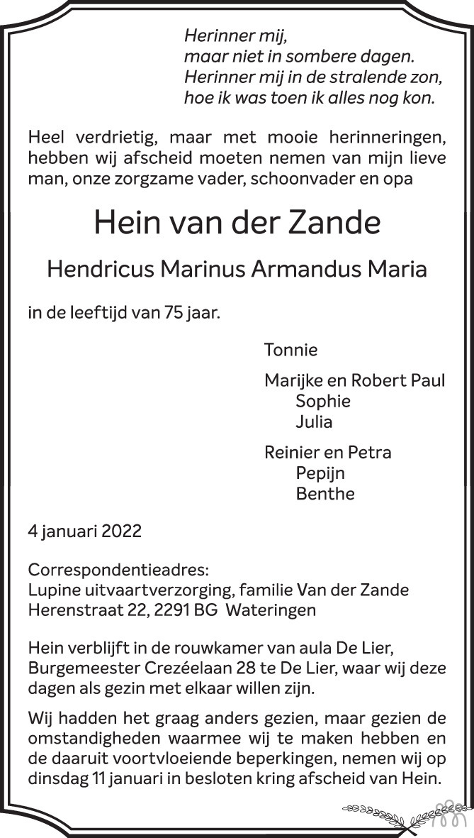Hein (Hendricus Marinus Armandus Maria) van der Zande 04-01-2022 ...