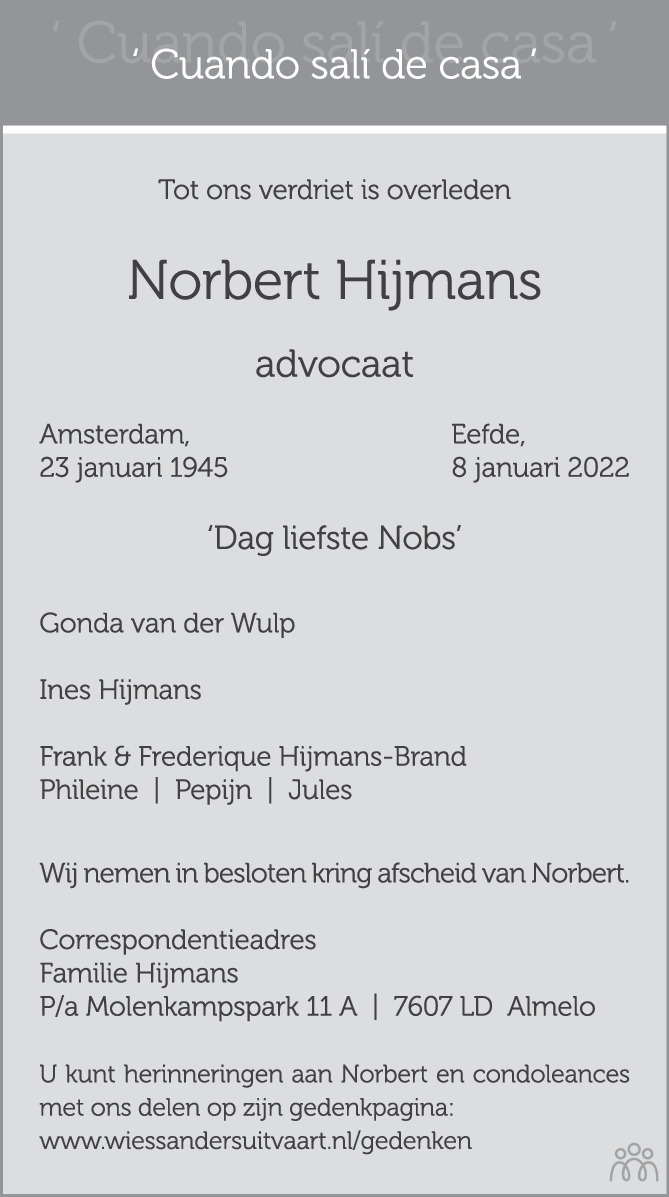 Norbert Hijmans 08-01-2022 overlijdensbericht en condoleances ...
