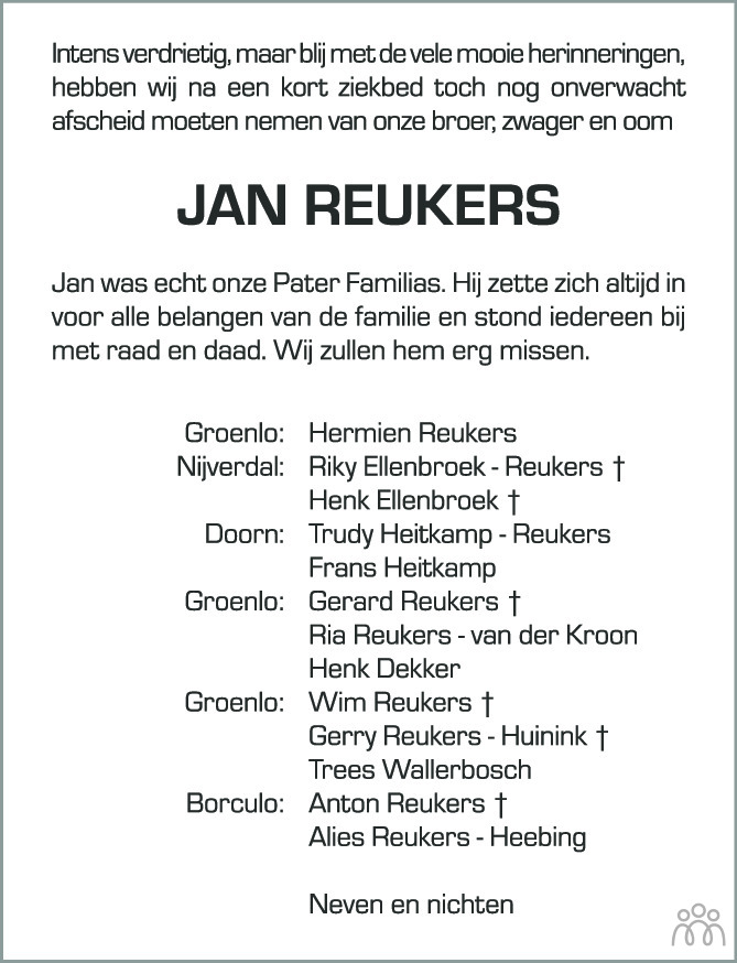 Jan (Johannes Antonius Gerardus) Reukers 14-01-2022 overlijdensbericht en condoleances ...