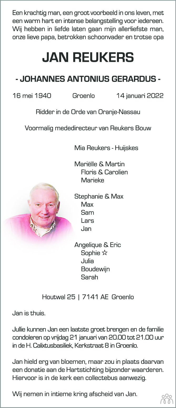 Jan (Johannes Antonius Gerardus) Reukers 14-01-2022 overlijdensbericht en condoleances ...