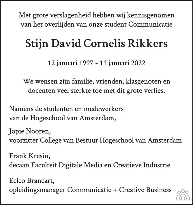 Stijn David Cornelis Rikkers 11-01-2022 overlijdensbericht en ...