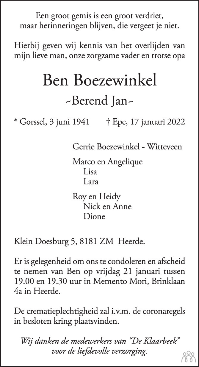 Ben (Berend Jan) Boezewinkel 17-01-2022 overlijdensbericht en condoleances - Mensenlinq.nl