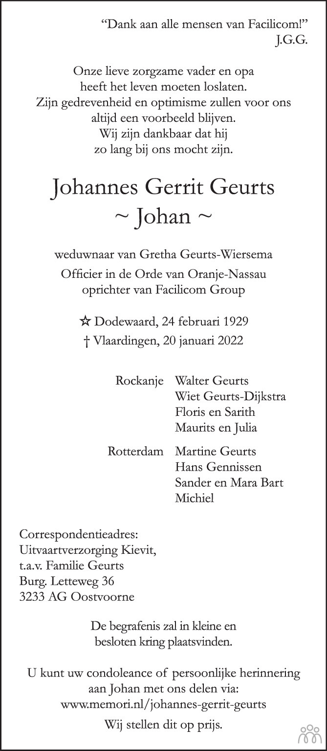 Johannes Gerrit (Johan) Geurts 20-01-2022 overlijdensbericht en ...