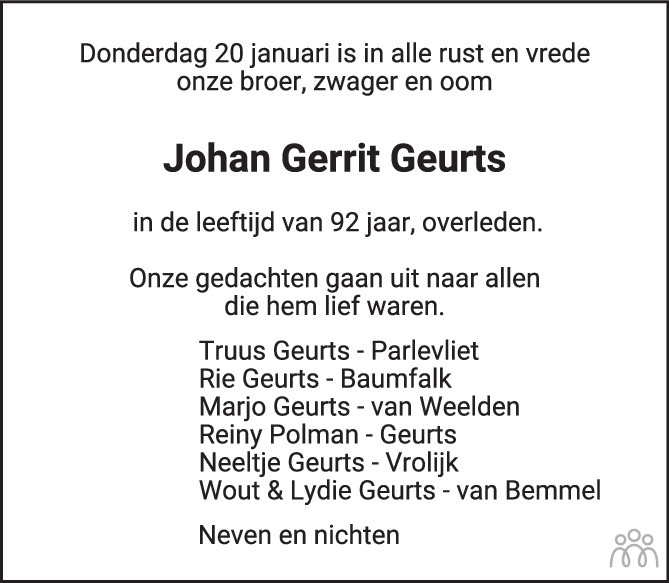 Johannes Gerrit (Johan) Geurts 20-01-2022 overlijdensbericht en ...