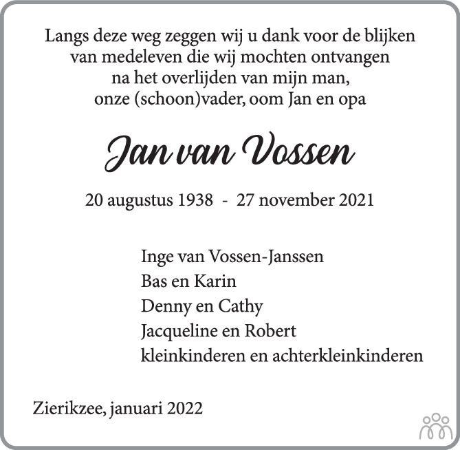 Jan van Vossen 27-11-2021 overlijdensbericht en condoleances ...