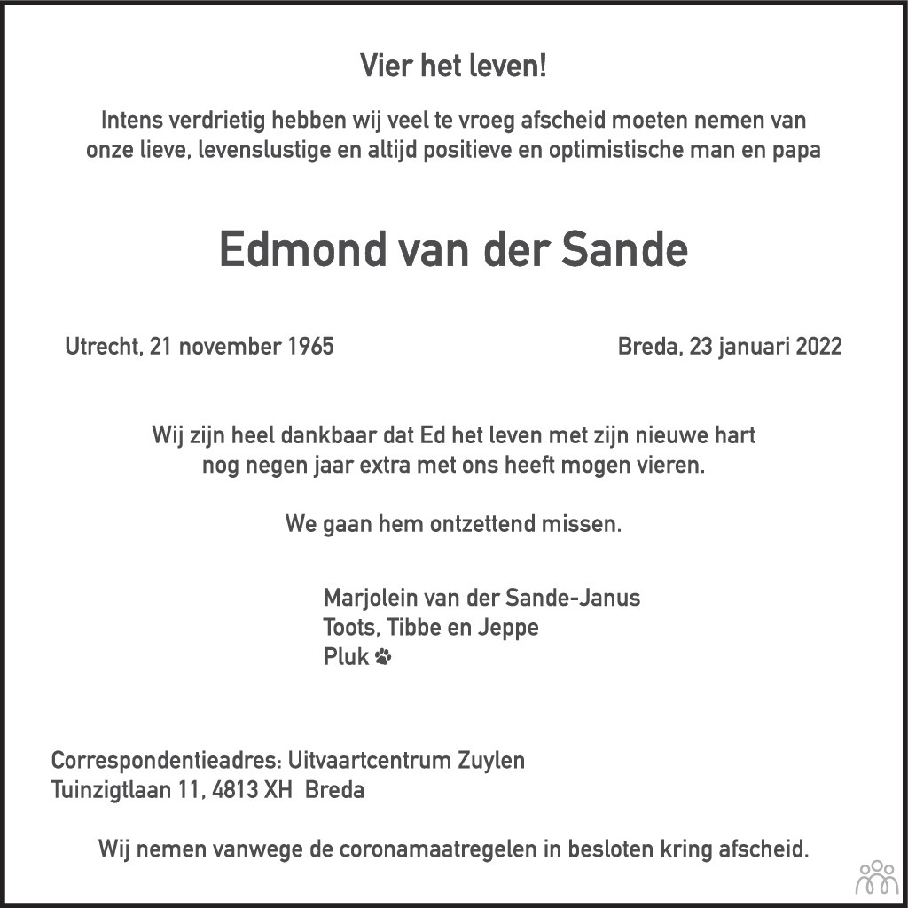 Edmond (Ed) van der Sande 23-01-2022 overlijdensbericht en condoleances ...