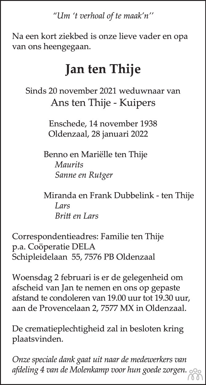 Jan ten Thije 28-01-2022 overlijdensbericht en condoleances - Mensenlinq.nl