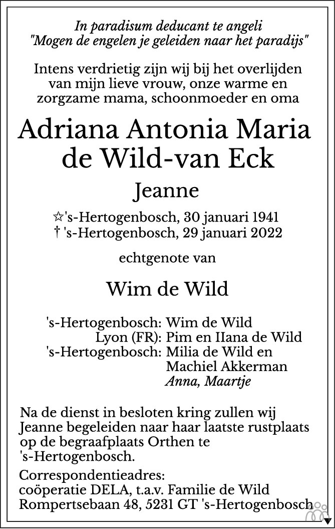 Jeanne (Adriana Antonia Maria) de Wild-van Eck 29-01-2022 ...