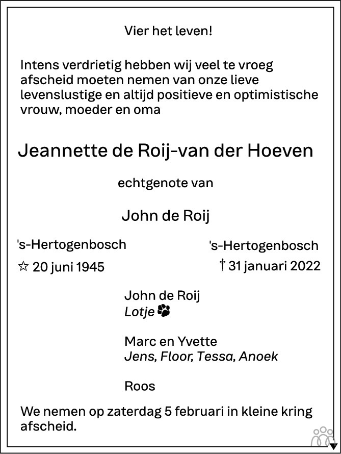 Jeannette de Roij-van der Hoeven 31-01-2022 overlijdensbericht en ...