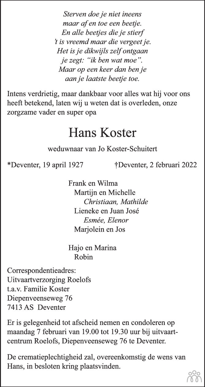 Hans Koster 02-02-2022 overlijdensbericht en condoleances - Mensenlinq.nl