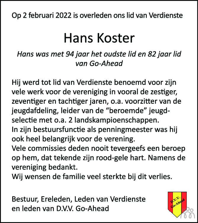 Hans Koster 02-02-2022 overlijdensbericht en condoleances - Mensenlinq.nl