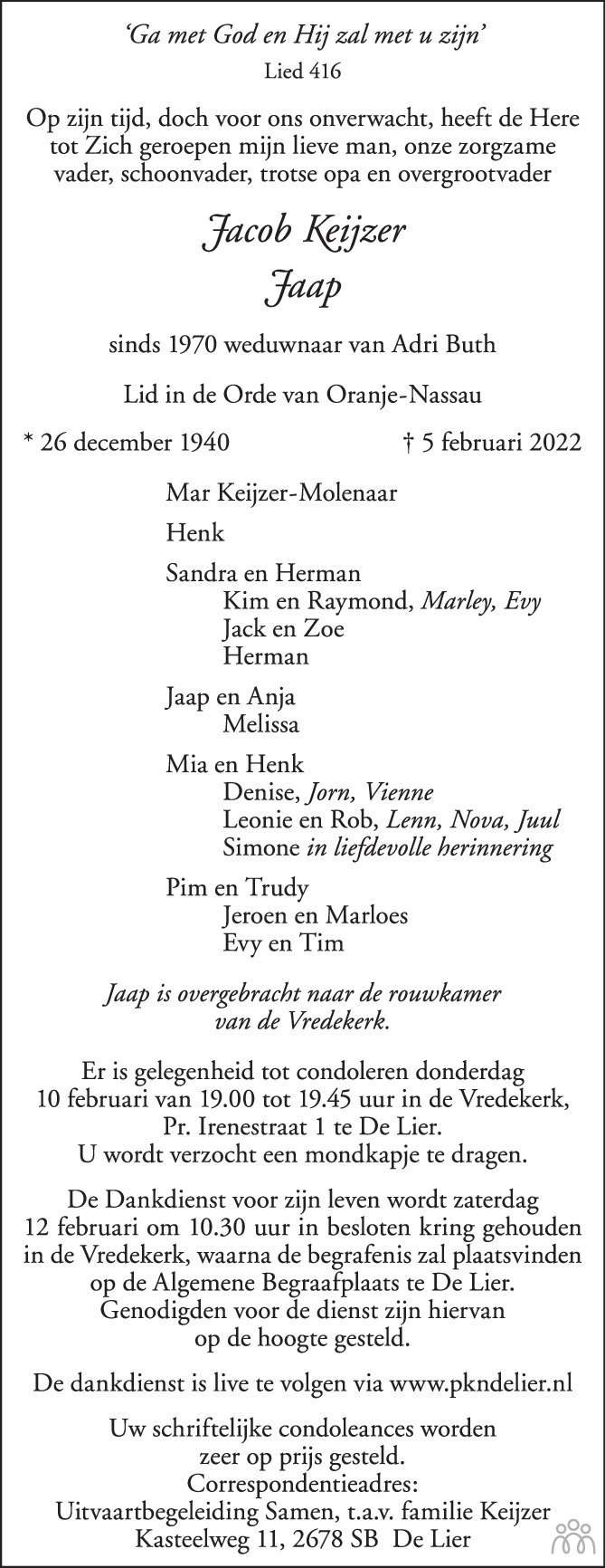 Jacob (Jaap) Keijzer 05-02-2022 overlijdensbericht en condoleances ...