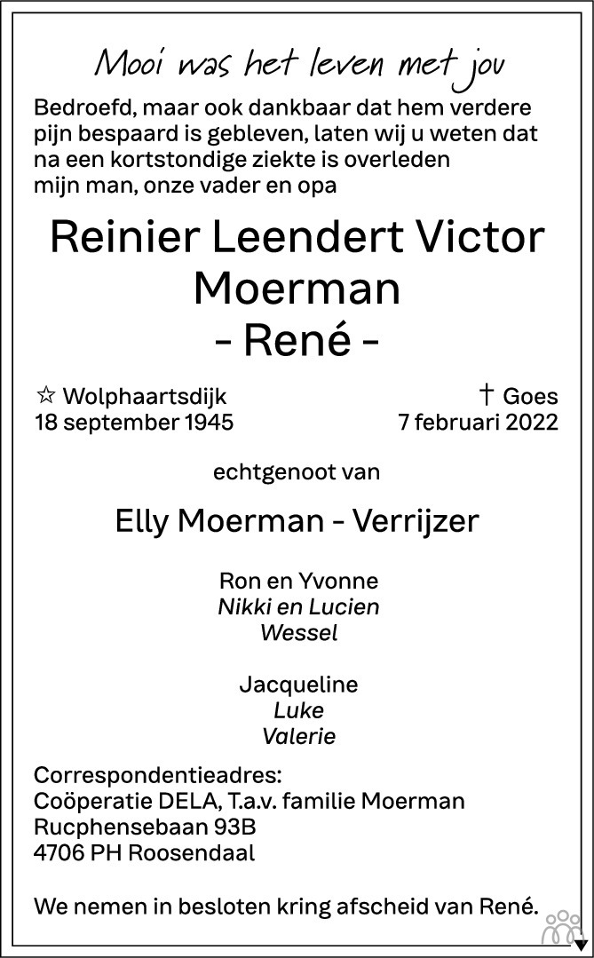 Reinier Leendert Victor (René) Moerman 07-02-2022 overlijdensbericht en condoleances - Mensenlinq.nl
