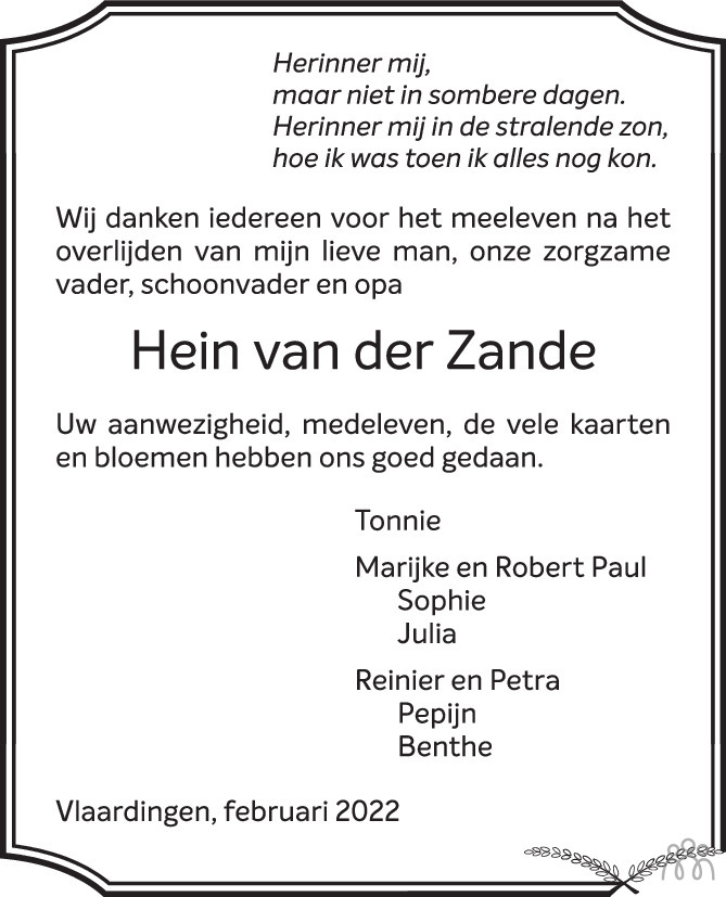 Hein (Hendricus Marinus Armandus Maria) van der Zande 04-01-2022 ...