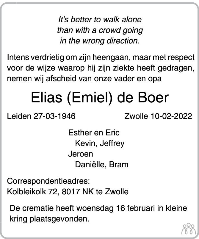Elias (Emiel) de Boer 10-02-2022 overlijdensbericht en condoleances - Mensenlinq.nl
