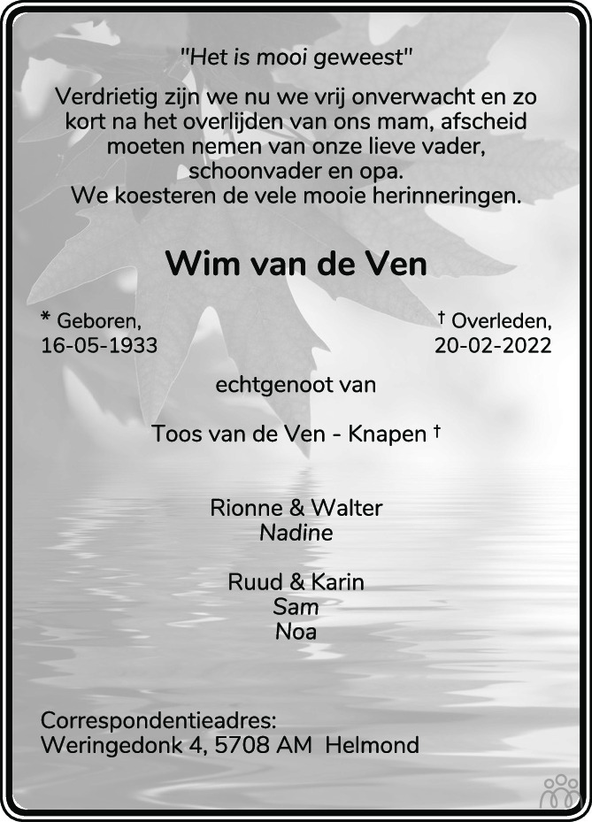 Wim van de Ven 20-02-2022 overlijdensbericht en condoleances ...