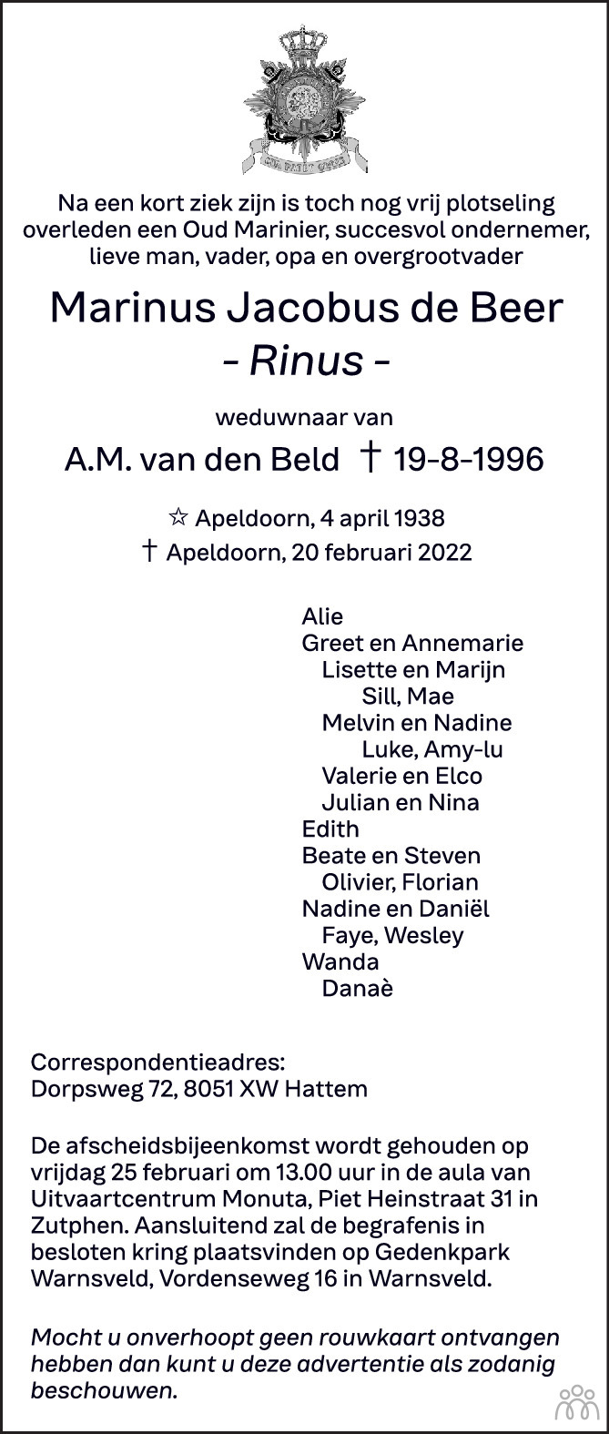 Marinus Jacobus (Rinus) de Beer 20-02-2022 overlijdensbericht en condoleances - Mensenlinq.nl