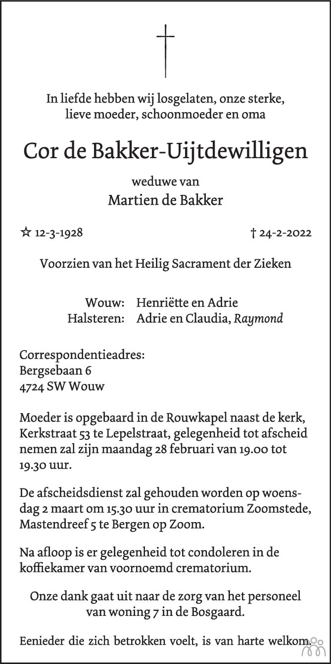 Cor de Bakker-Uijtdewilligen 24-02-2022 overlijdensbericht en ...